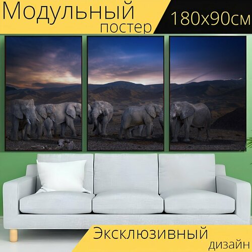 Модульный постер "Пейзаж, слоны, дорогой" 180 x 90 см. для интерьера
