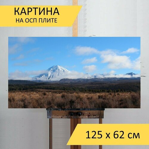 Картина на ОСП 125х62 см. "Стратовулкан, вулкан, поля" горизонтальная, для интерьера, с креплениями