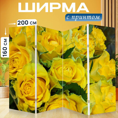 Ширма перегородка с принтом "Розы, желтый, цветок" на холсте - 200x160 см. для зонирования, раскладная