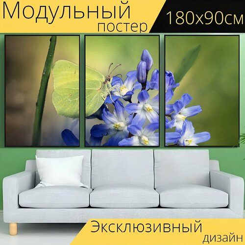 Модульный постер "Бабочка, синие цветы, опылять" 180 x 90 см. для интерьера