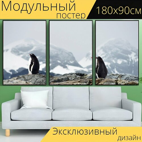 Модульный постер "Пингвины, горы, снег" 180 x 90 см. для интерьера