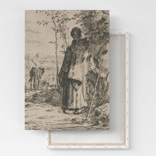Картина на холсте, репродукция / Жан-Франсуа Милле - Shepherdess Knitting / Размер 40 x 53 см