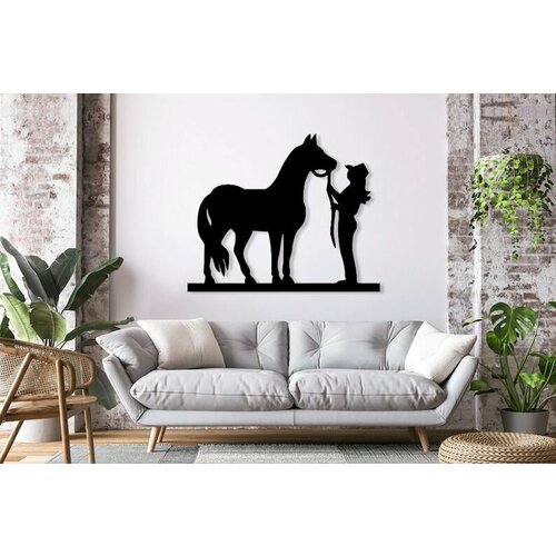 Декоративное металлическое панно, Женщина-ковбой и лошадь (черный цвет)