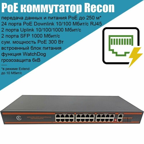 Коммутатор PoE Recon RN-G2422WD, 24 порта PoE+ 100 Мбит/с, 2 Uplink 1 Гбит/с, 2 SFP, бюджет PoE 300 Вт, для питания IP камер видеонаблюдения, точек доступа