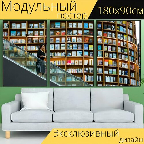 Модульный постер "Книги, библиотека, чтение" 180 x 90 см. для интерьера