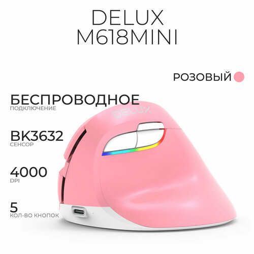 Вертикальная мышь беспроводная Delux M618 MINI, розовый