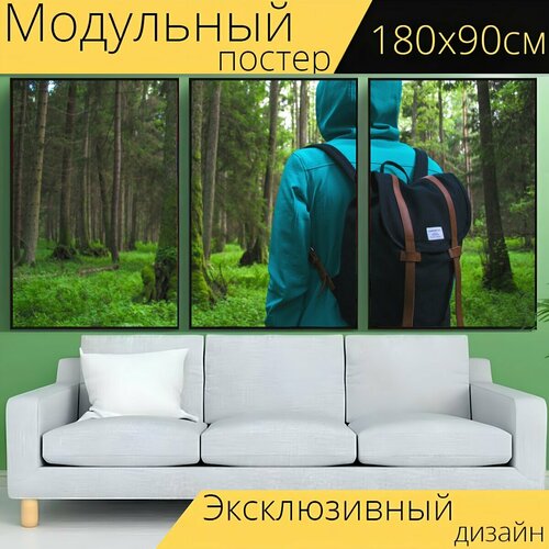 Модульный постер "Приключение, рюкзак, лес" 180 x 90 см. для интерьера