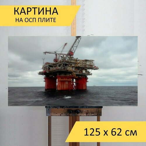 Картина на ОСП 125х62 см. "Нефтяной вышке, нефтяная платформа, океан" горизонтальная, для интерьера, с креплениями