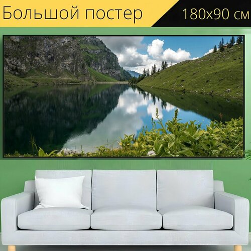 Большой постер "Горное озеро, резервуар, пейзаж" 180 x 90 см. для интерьера