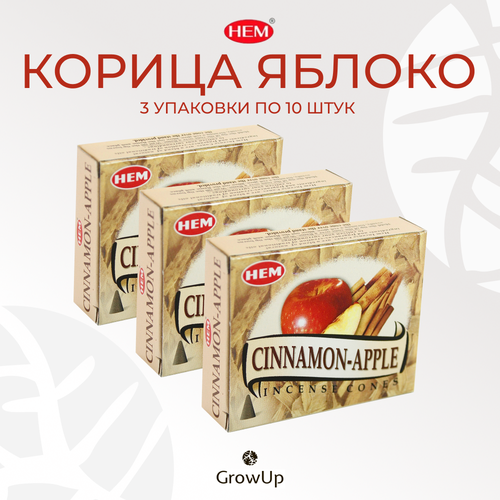 HEM Корица Яблоко - 3 упаковки по 10 шт - ароматические благовония, конусовидные, конусы с подставкой, Cinnamon Apple - ХЕМ