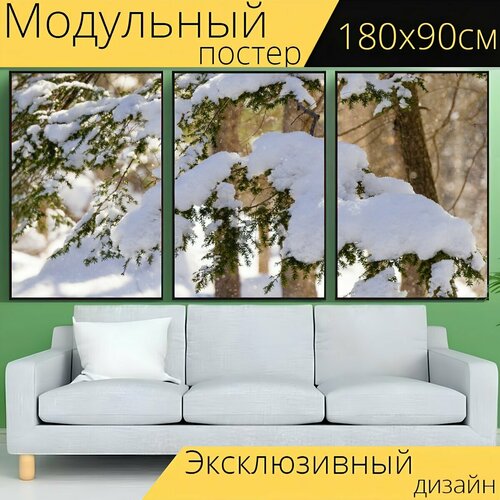 Модульный постер "Зима, снег, вечнозеленые растения" 180 x 90 см. для интерьера