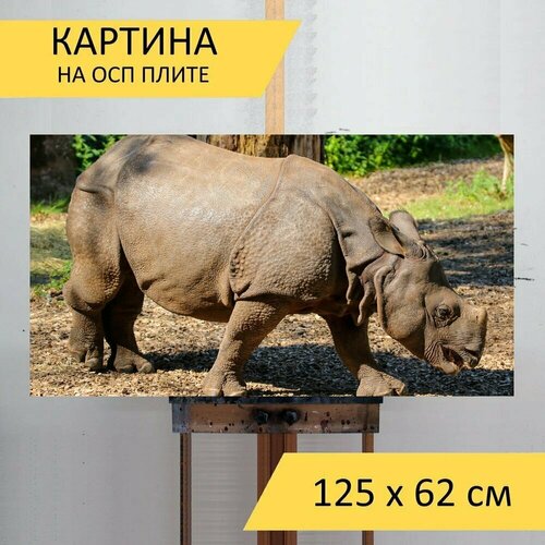 Картина на ОСП 125х62 см. "Животные, носорог, индийский носорог" горизонтальная, для интерьера, с креплениями