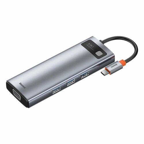 USB HUB разветвитель BASEUS Metal Gleam Series 9 в 1 Type-C (m) - 3xUSB3.0 + Type-C PD + 4K HDMI + SD/TF + RJ45 + VGA, серый