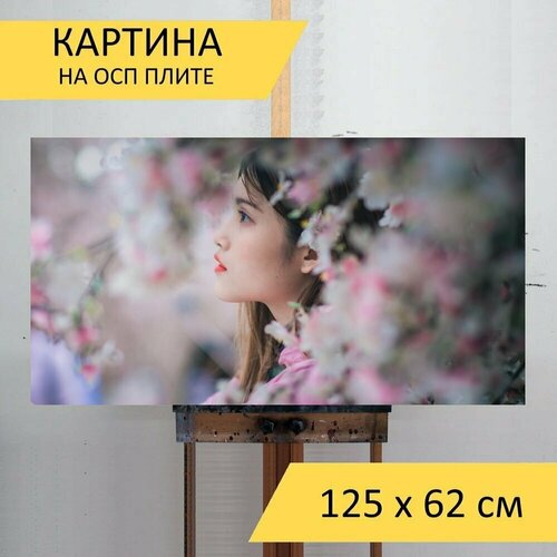 Картина на ОСП 125х62 см. "Девочка, портрет, сакура" горизонтальная, для интерьера, с креплениями