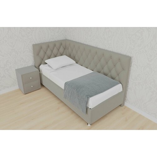 Двуспальная кровать Версаль Угловая 160x200 основание металлическое с ламелями велюр бежевый ножки 5 см угол правый