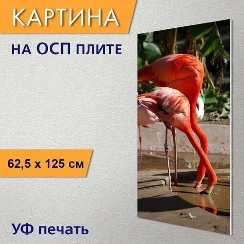 Вертикальная картина на ОСП "Фламинго, красочный, перо" 62x125 см. для интерьериа