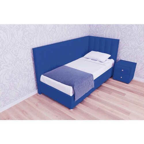Двуспальная кровать Сочи 140x200 с подъемным механизмом и с коробом для белья велюр синий без ножек угол левый