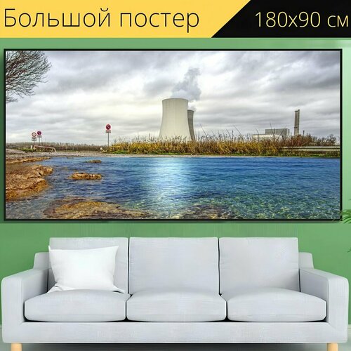 Большой постер "Атомная электростанция, река, фотомонтаж" 180 x 90 см. для интерьера