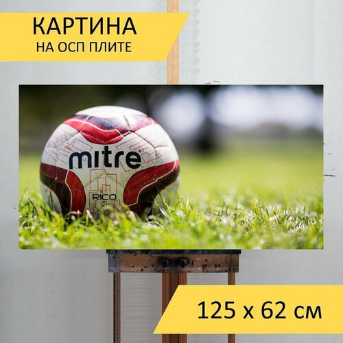 Картина на ОСП 125х62 см. "Мяч, футбол, трава" горизонтальная, для интерьера, с креплениями