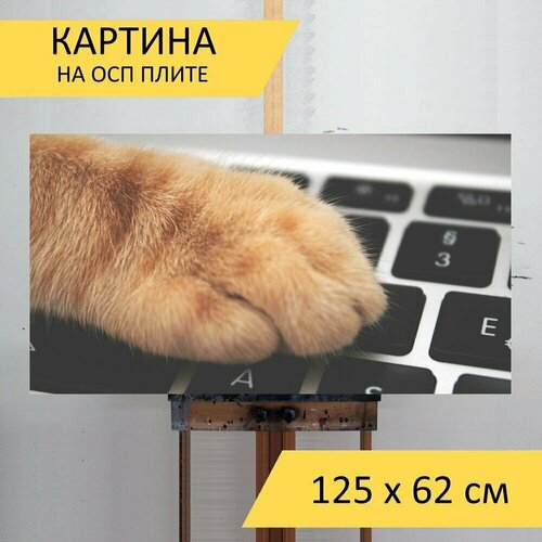 Картина на ОСП 125х62 см. "Кошка, лапа, клавиатура" горизонтальная, для интерьера, с креплениями