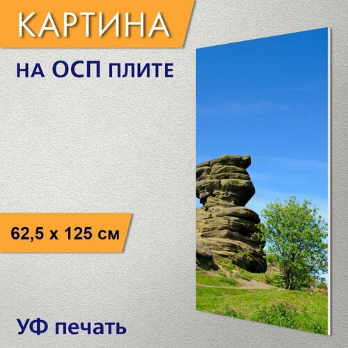 Вертикальная картина на ОСП "Пейзаж, весна, камень" 62x125 см. для интерьериа