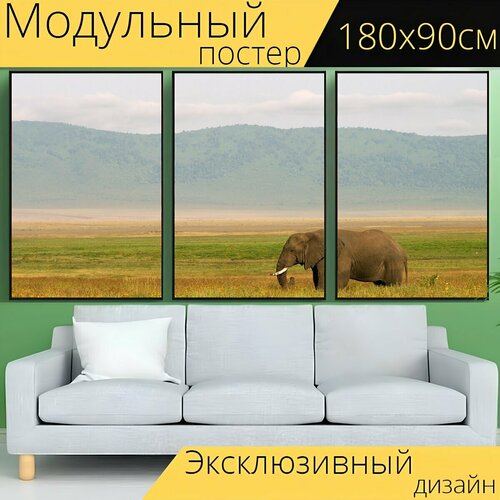 Модульный постер "Слон, танзания, пейзаж" 180 x 90 см. для интерьера