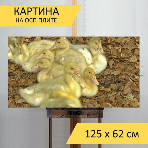 Картина на ОСП 125х62 см. "Цыпленок, гусята, гуси" горизонтальная, для интерьера, с креплениями