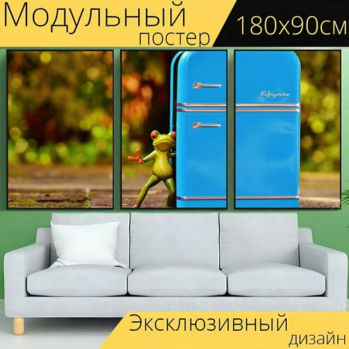 Модульный постер "Лягушка, холодильник, синий" 180 x 90 см. для интерьера