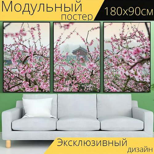 Модульный постер "Персиковый цвет, пейзаж, весна" 180 x 90 см. для интерьера