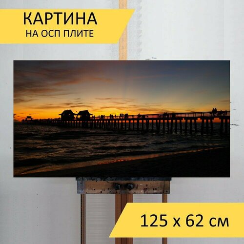 Картина на ОСП 125х62 см. "Заход солнца, море, панорама" горизонтальная, для интерьера, с креплениями