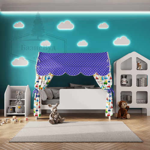 Кровать детская домик с текстилем (синий, с машинками, вход слева) "Базовый"