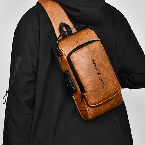 Сумка кросс-боди  Сумка WEIXIER с USB рыжая кожа кросс боди, фактура лаковая, матовая, гладкая