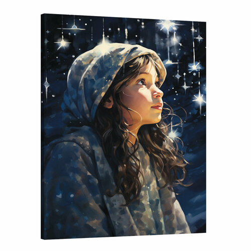 Интерьерная картина 50х70 "Рождественская ночь с огнями и звездами"