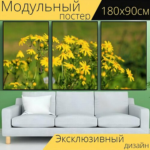 Модульный постер "Цветы, весна, желтый" 180 x 90 см. для интерьера