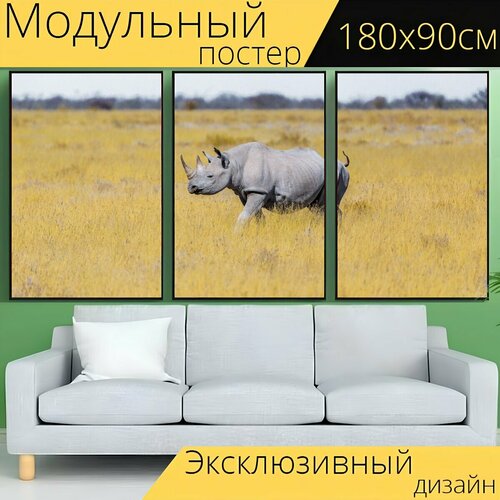 Модульный постер "Носорог, степь, трава" 180 x 90 см. для интерьера