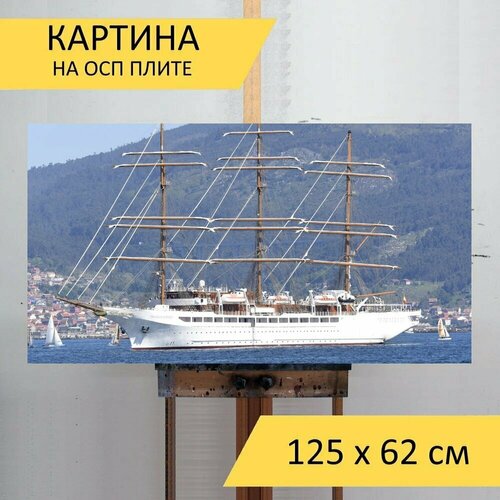 Картина на ОСП 125х62 см. "Парусная яхта, море, лодка" горизонтальная, для интерьера, с креплениями