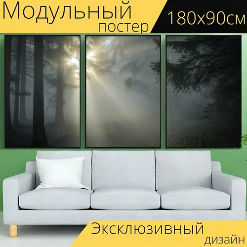 Модульный постер "Солнечные лучи, лес, туман" 180 x 90 см. для интерьера