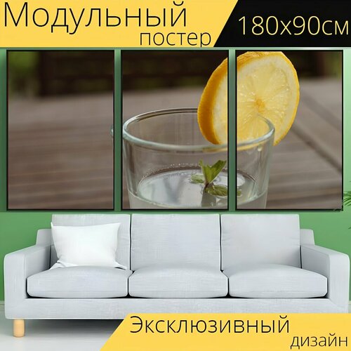 Модульный постер "Лимон, напиток, отдых" 180 x 90 см. для интерьера