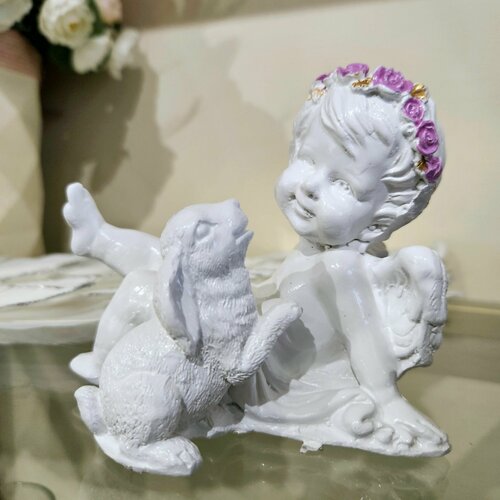 Статуэтка фигурка "Ангелочек с кроликом", 13 см, красивый декор для дома, ангелочек декоративный, оригинальный подарок на день рождения.