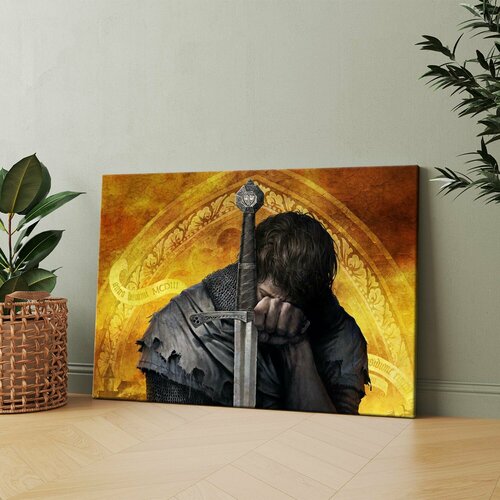 Картина на холсте (Мужчина в черной рубашке с мечом в руках) 60x80 см. Интерьерная, на стену.