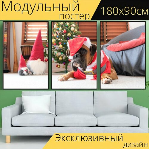 Модульный постер "Собака, боксер, рождество" 180 x 90 см. для интерьера
