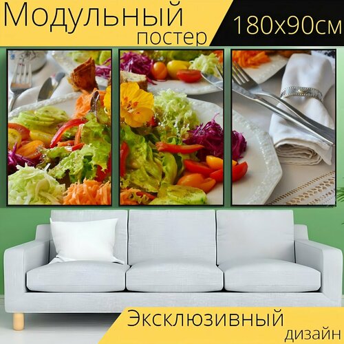 Модульный постер "Салат, салатное ассорти, салатная тарелка" 180 x 90 см. для интерьера