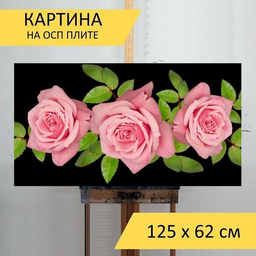 Картина на ОСП 125х62 см. "Цветы, розовый, розы" горизонтальная, для интерьера, с креплениями