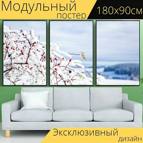 Модульный постер "Зимний пейзаж, холодный, снег" 180 x 90 см. для интерьера