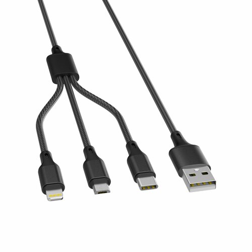 Кабель для зарядки телефона 3в1 - Type C, Lightning , Micro USB старт шнур 1 метр 2.4А быстрая зарядка тканевая оплетка