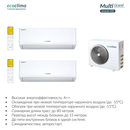Мульти сплит система инвертор на 2 комнаты Ecoclima CM2-TC14/4R2 + CMWM-TC07/AA-4R2*2шт. (40м2)