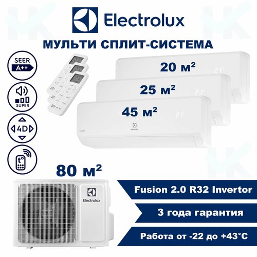 Инверторная мульти сплит-система ELECTROLUX серии Fusion 2.0 на 3 комнаты (20 м2 + 25 м2 + 45 м2) с наружным блоком 80 м2, Попеременная работа