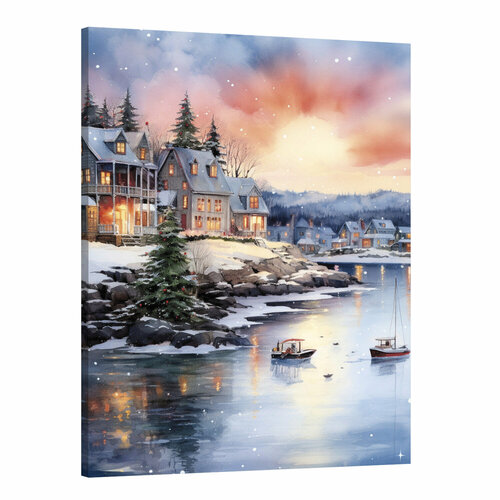 Интерьерная картина 50х70 "Прибрежный рождественский городок"
