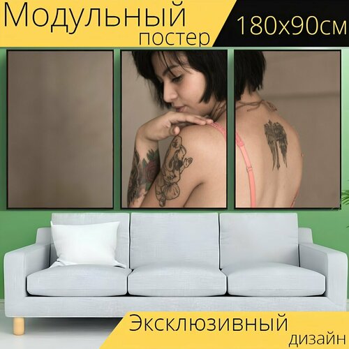 Модульный постер "Женщина, татуировки, женский пол" 180 x 90 см. для интерьера