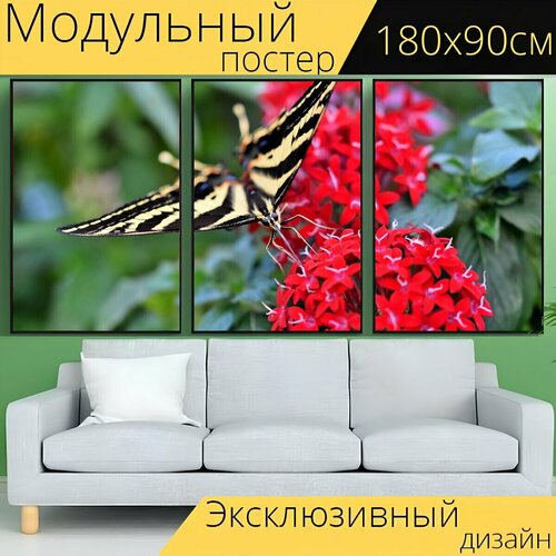 Модульный постер "Ласточкин хвост, бабочка, цветы" 180 x 90 см. для интерьера